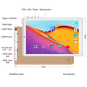 YOTOPT 10 Inch Android Phone Tablets, Dual Sim Card Slot, 32GB ROM, 256GB Expand, Quad Core, WiFi, Bluetooth, GPS, FM, Dual Camera, IPS HD Touch Screen, Support 3G Phone Call Tableta (Gold)