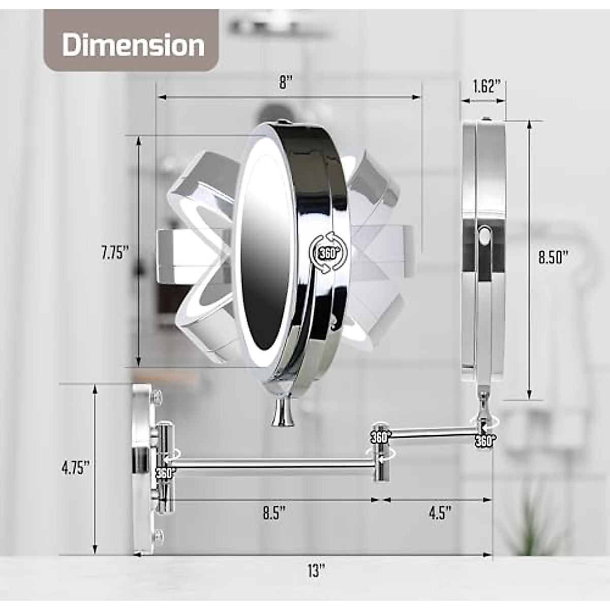 OVENTE 7" Lighted Wall Mount Makeup Mirror with 1X/10X Magnification, Cordless Double Sided Magnifying Round Vanity Mirror, 360° Swivel Design, Extendable and Folding Arm, Polished Chrome MFW70CH1X10X