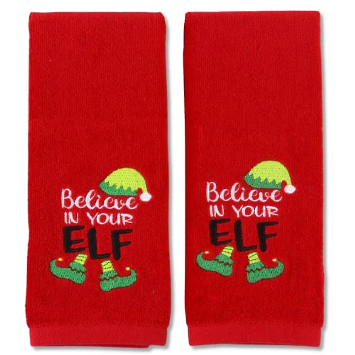 Christmas Fingertip Towels: Plush Velour Cotton Embroidered Believe in Your Elf on Red, Set of 2