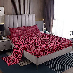 Girls Pink Black Fitted Sheet Zebra Stripes Bed Sheet Set Safari Animal Print Bedding Set for Boys Girls Kids Room Decor Zoo Animal Fur Print Lightweight Bed Cover Full Size 4Pcs Bedding Sheets