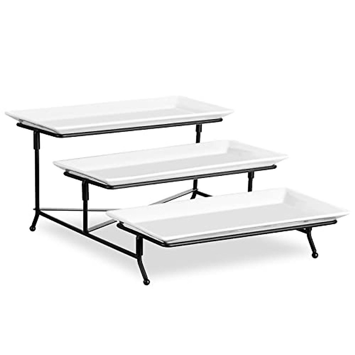 ONEMORE 3 Tier Serving Tray, Tiered Tray Stand for Party Entertaining Collapsible Sturdier Rack with 12" White Rectangular Ceramic Serving Platters for Fruit Cupcake Food Dessert Table Display Set
