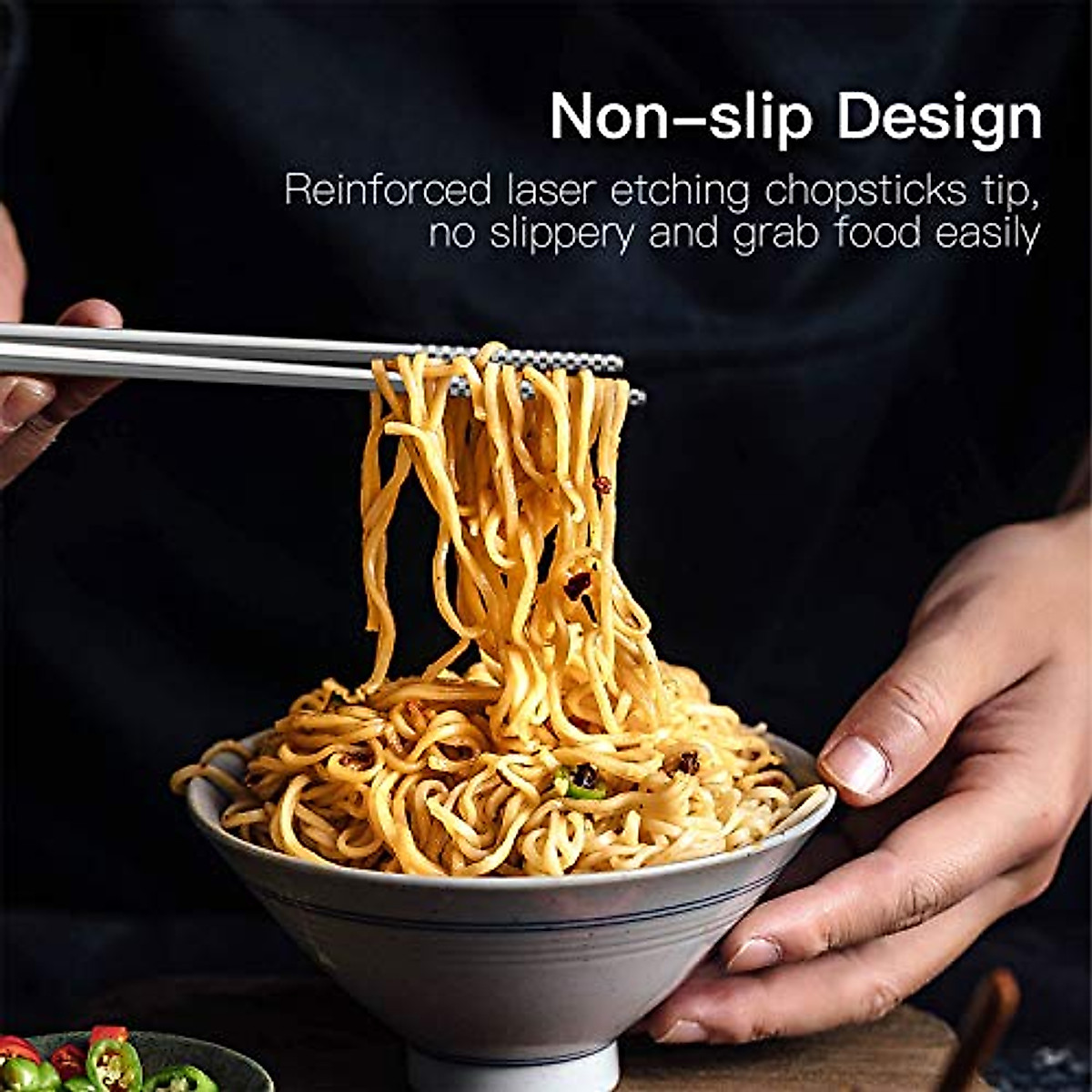 Metal Chopsticks Reusable 18/8 Stainless Steel Chopsticks Multipack Dishwasher Safe Chop Sticks Cute Laser Engraved Non-slip Japanese Korean Chopstick for Cooking Eating 9 1/4 Inches 5 Pairs Gift Set