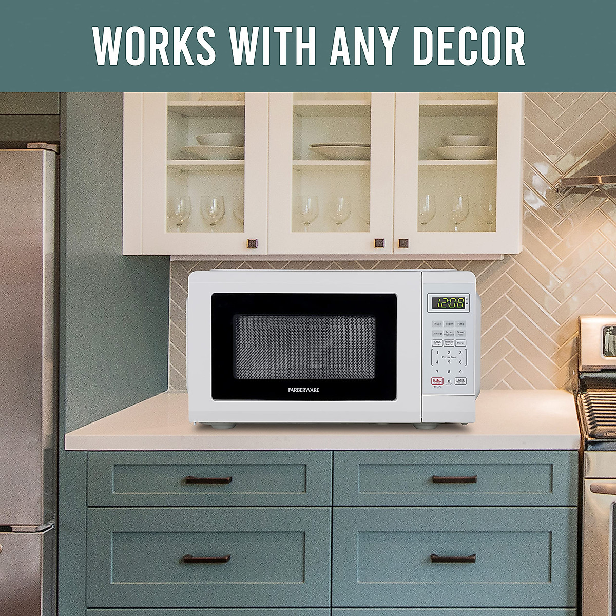 Farberware Countertop Microwave 700 Watts, 0.7 cu ft - Microwave Oven With LED Lighting and Child Lock - Perfect for Apartments and Dorms - Easy Clean Grey Interior, White