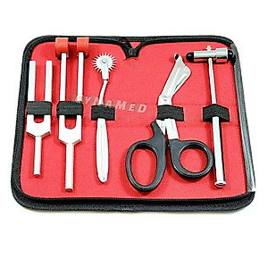 5 Piece Student Diagnostic Kit - Reflex Neurological Buck Hammer And Tuning Fork Set C 128 And C 512. Includes Wartenberg Pinwheel, Premium Steel Bandage Scissor 7.5” Black
