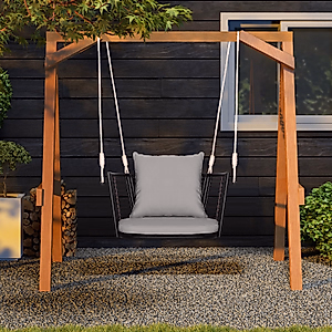 Tangkula Outdoor Metal Porch Swing, Single Person Hanging Seat w/Woven Rattan Backrest, 2 Sturdy Hanging Ropes, Seat & Back Cushions Included, Heavy-Duty Swing Chair for Front Porch, Backyard (Grey)