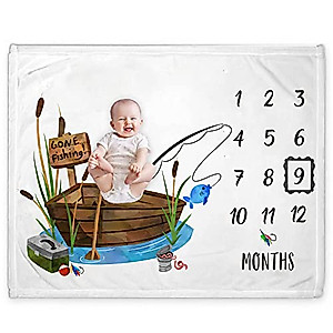 Popfavors Fishing Baby Monthly Milestone Blanket, Gone Fishing Baby Boy Growth Chart Milestone Photo Blanket, Fishing Boat Newborn, Includes Marker (50x40)
