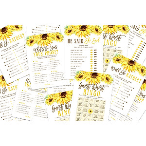 Your Main Event Prints Sunflower Bridal Shower Bachelorette Games - He Said She Said, Find The Guest Quest, Would She Rather, Phone Game - 25 Games Each, Printed Front and Back, 1 Game Per Side