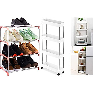 Xerhnan 4-Tier Stackable Small Shoe Rack Pink and 4-Tier Slim Storage Cart Narrow Shelving White