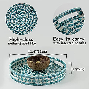 Mother of Pearl Inlay Round Serving Tray | Coffee Table Wooden Tray w Insert Handles - Luxury Decorative Platters for Party, Dinner, Breakfast in Bed - by MadeTerra (Round-Teal)