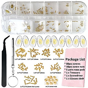 Eyeglass Repair Kit BAZQU 5 Pairs Nose Pads with Tiny Screws Nut Bolts Screwdriver and Tweezers for Glasses Sunglasses Spectacle Watch Repair, Gold