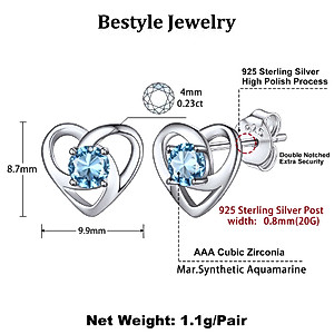 Bestyle Sterling Silver Earrings Heart Celtic Knot Stud with March Birthstone Synthetic Blue Aquamarine Crystal Birth Earrings Tiny Heart Stud Luck Irish Earrings Birthday Gifts