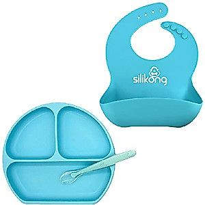 Silicone Baby Feeding Set | Suction Plate for Toddlers + Pocket Bib + Bendable Spoon | BPA Free | Dishwasher, Microwave and Oven Safe (Blue)