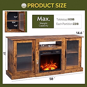 WLIVE Fireplace TV Stand for 65" TV, Entertainment Center with 18 Inch Electric Fireplace, TV Console with Open Shelves for Living Room, Rustic Brown