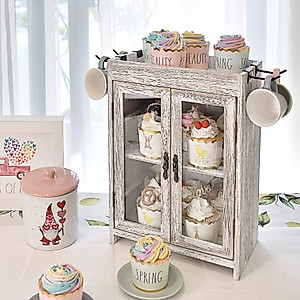 Ikee Design Small Wooden Countertop Storage Cabinet with Adjustable Shelves and Removable Hooks, Perfect for Perfume, Pantry, Essential Oil, 10.4W x 6.1D x 14.4H in, Antique White