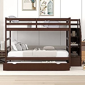 ODC Full Over Full Bunk Bed with Trundle,Solid Wood Stairway Bunk Bed with Twin Size Trundle and 3 Storage Stairs, Full Length Guardrail for Guests Room,Bedroom