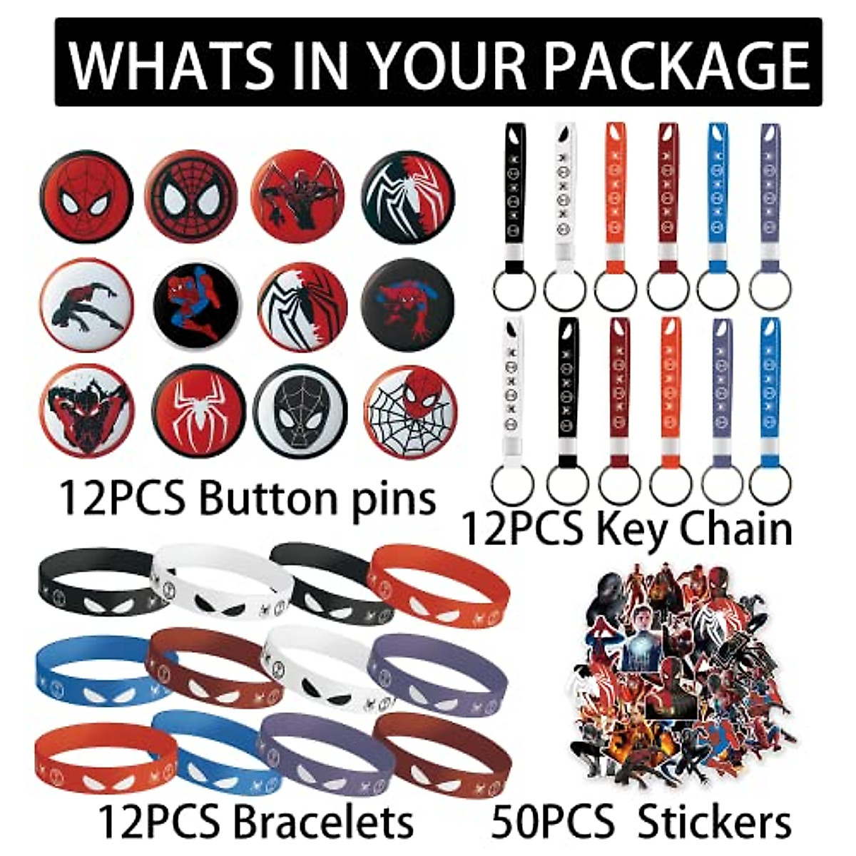 Spiderman Party Favor, Spiderman Birthday Party Supplies Kit Includes 12 Bracelets,12 Button Pins,12 Keychain, 50 Stickers for Spiderman party，Spiderman Birthday Party Favors