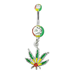 Rasta Color Pot Leaf Cannibus Marijuana Dangle Belly Button Navel Ring Piercing bar Body Jewelry 14g