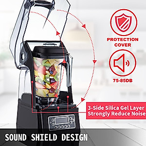 VEVOR 110V Commercial Smoothie Blenders 1.5L/50.7oz 1500W Countertop Silent Blender with Sound Shield, Quiet Blender Self-Cleaning, Includes Multifunctional 2-in-1 Wet Dry Blades, Black