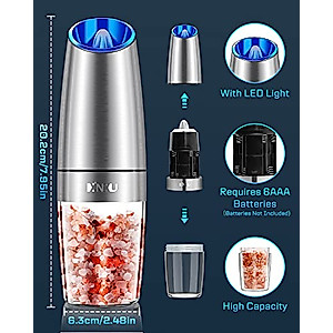 Gravity Electric Salt and Pepper Grinder Set, Automatic Pepper and Salt Mill Grinder,Battery-Operated with Adjustable Coarseness, Premium Stainless Steel with LED Light, One Hand Operated