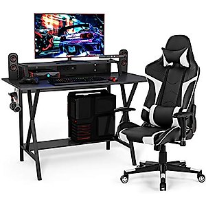 Tangkula Gaming Desk and Chair Set, Ergonomic E-Sport Gamer Desk & Racing Chair Set w/Cup Holder, Monitor Stand, Earphone Hook, Massage & Headrest, Home Office Computer Desk Chair Set (White)