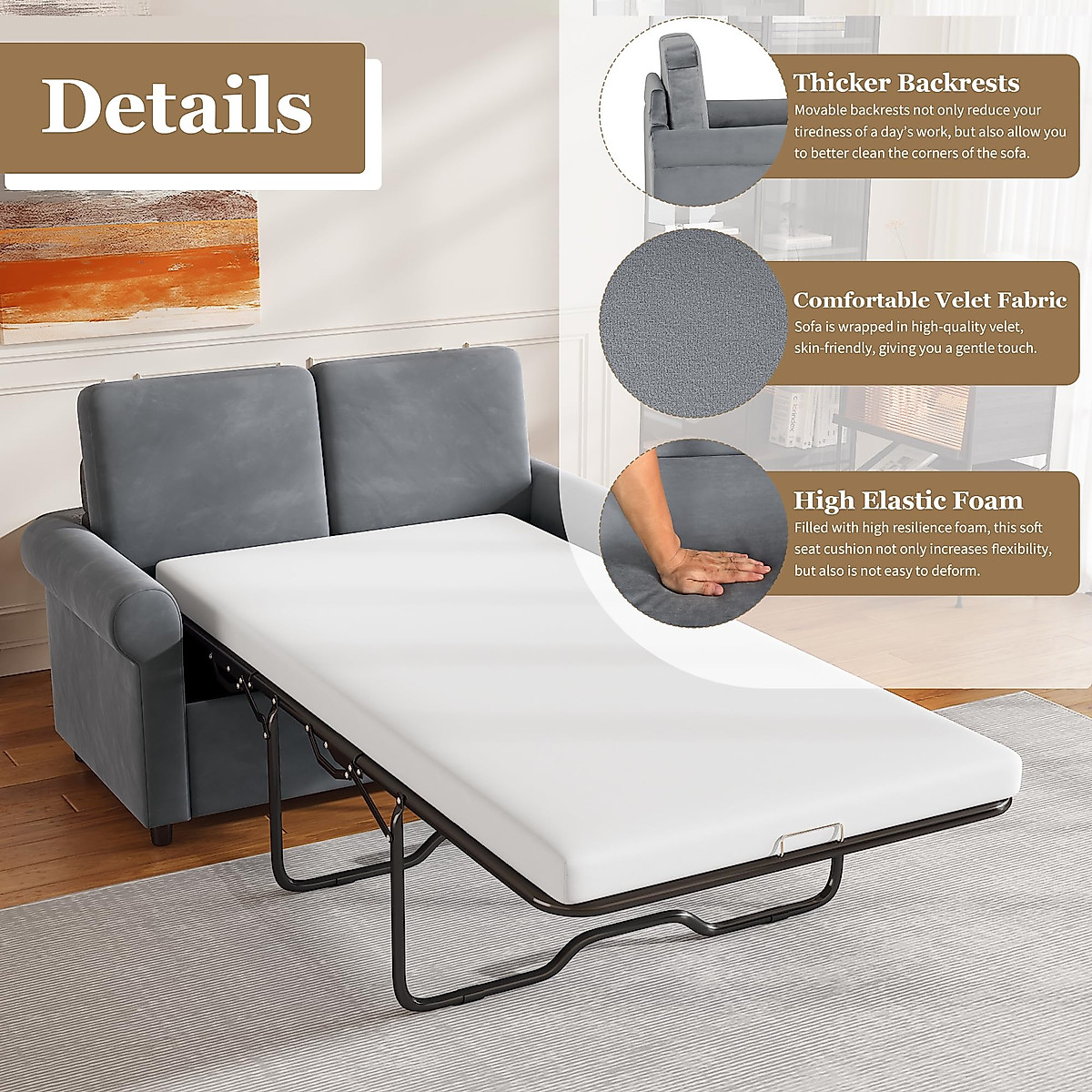 Merax Pull Out Sleeper Sofa Bed 2 in 1 Couch with Memory Foam Living Room/Office, Apartment/Small Spaces Love Seats, Dark Gray_w/Mattress