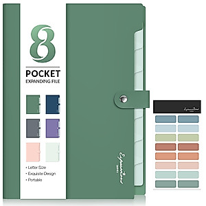 Sooez Elegant Accordion File Organizer with Labels, 8 Pocket Expanding File Folder, Portable Folders for Documents, Cute Paper Organizer for School Office Supplies, Letter Size, Dark Green