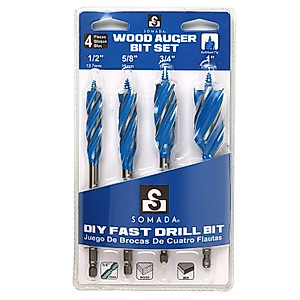 SOMADA Auger Drill Bit Set for Wood, 4-Piece, 1/2", 5/8", 3/4" and 1" Inch Size, 6-Inch Long Impact Wood Auger Set with Quick Change hex Shank