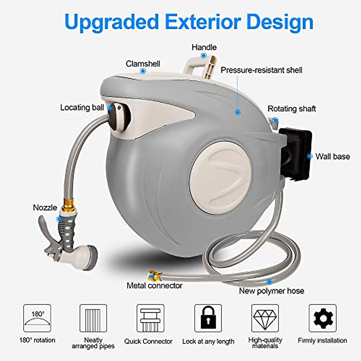 Twinkle Star Retractable Hose Reel, 65.6 FT+6.6 FT 5/8" Garden Hose Reel with 9 Pattern Nozzle, Heavy Duty Any Length Lock Slow Return System Auto Rewind, Wall Mounted 180 Degree Pivot Swivel Bracket
