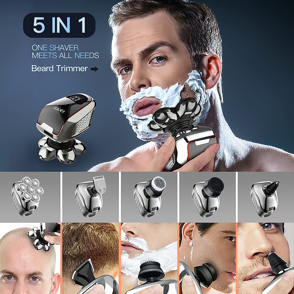 Electric Razor for Men, Upgraded 5-in-1 Head Shavers for Bald Men Faster-Charging Mens Shaver Grooming Kit Head Rotary Shaver with LED Display Waterproof Beard Hair Nose Trimmer Facial Cleaning Brush