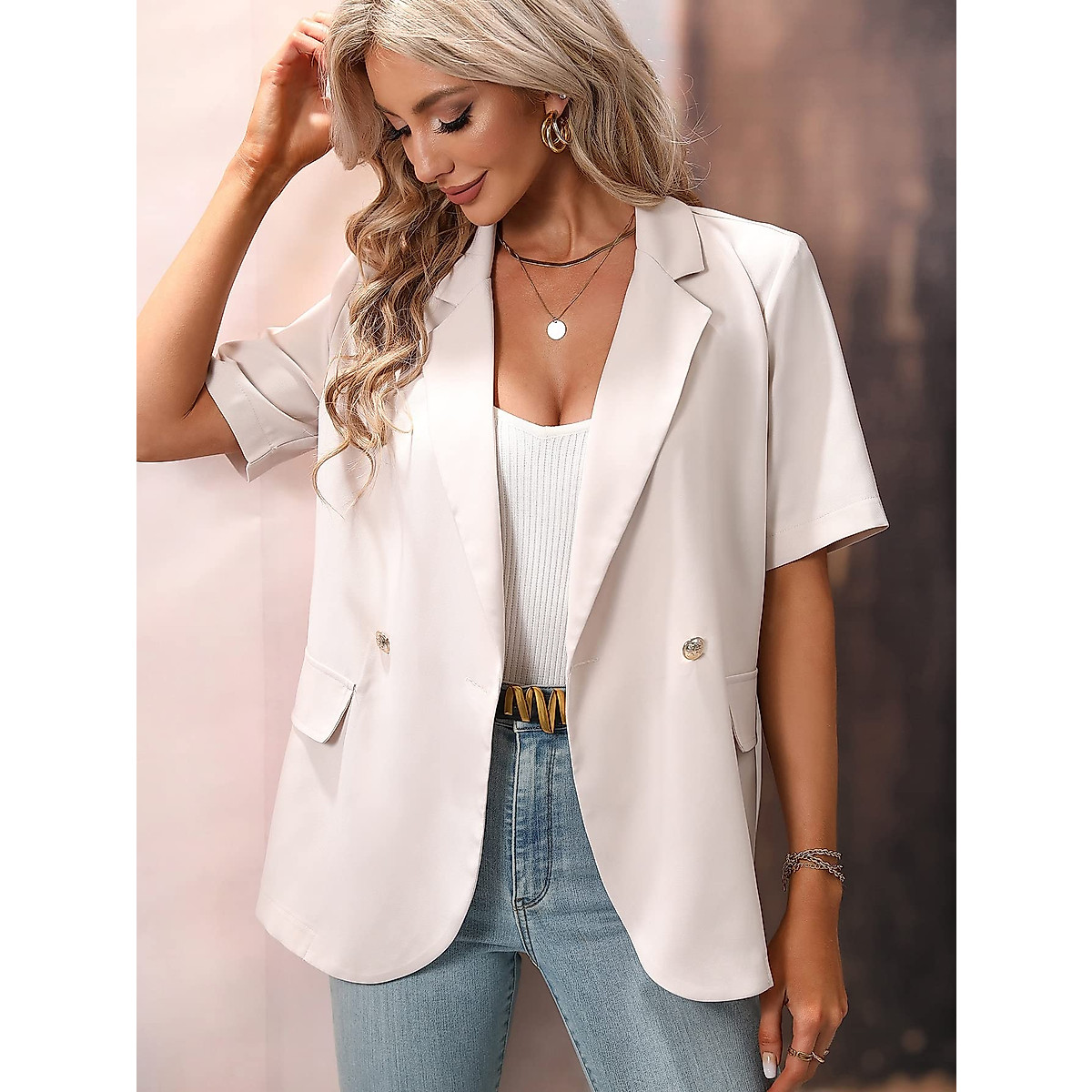 SweatyRocks Women's Casual Lapel Neck Pocket Blazer Short Sleeve Button Down Work Office Blazer Jacket Apricot L