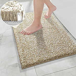 Yimobra Bathroom Rugs, Extra Soft Comfortable Bath Rugs, Non-Slip, Water Absorbent and Thick Bathroom Floor Mat, Machine Washine, Shaggy Rugs for Shower Bathtubs, 24"x17", Beige