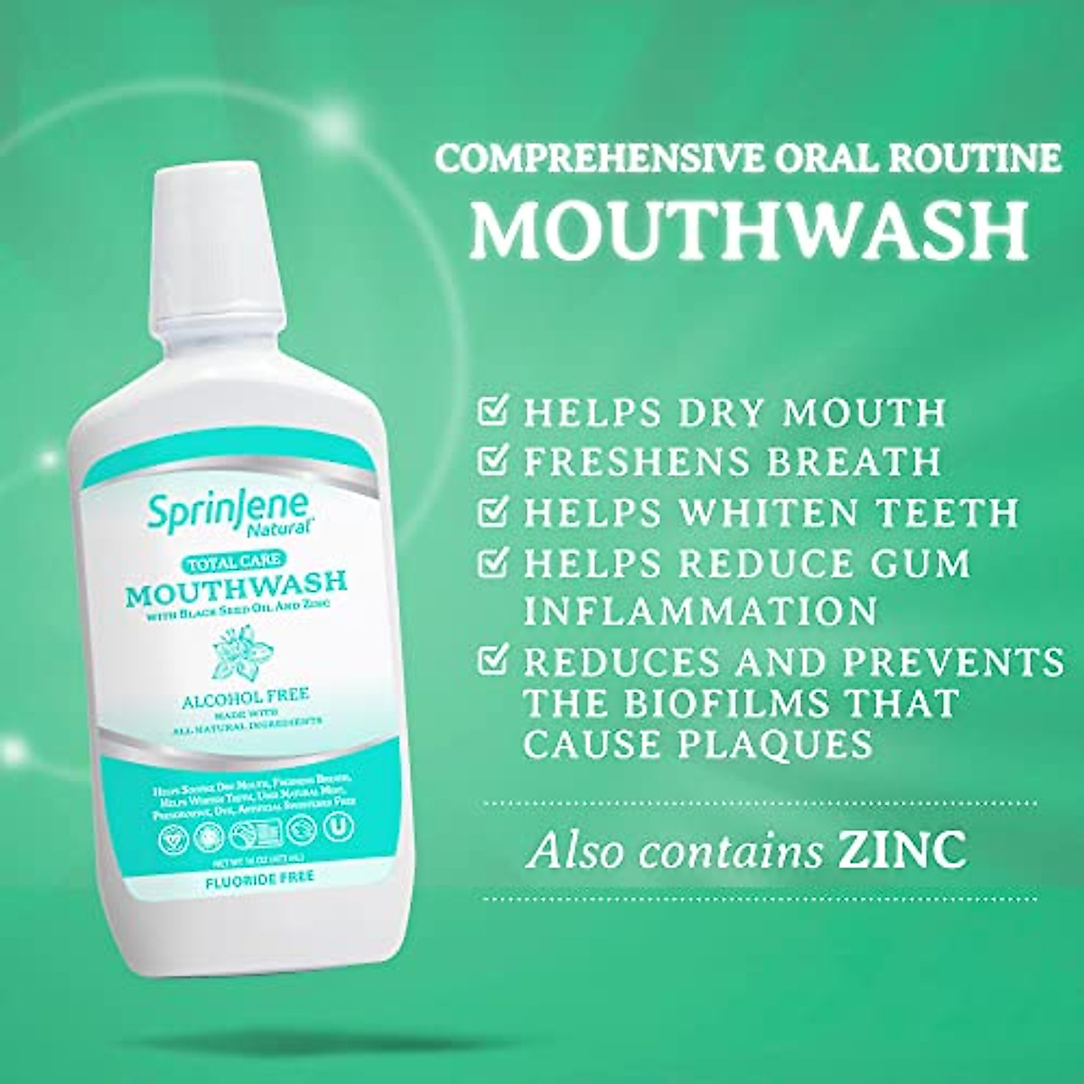 Sprinjene Fluoride Free Mouthwash Alcohol Free for Fresh Breath, Gum Health, Dry Mouth & Whitening Teeth with Black Seed Oil & Zinc - SLS Free, Toxic Free Vegan, Gluten Free, Kosher, Halal (Natural)