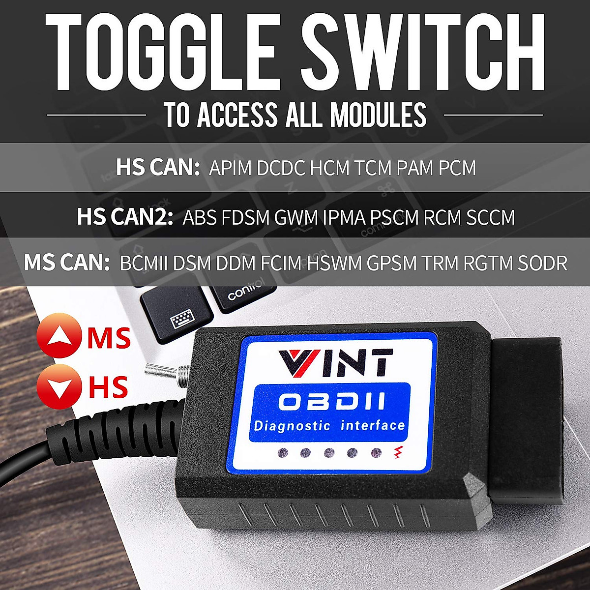 OBD2 Adapter FORSCans VINT-TT55502 ELMconfig ELM327 modified VINTscan for all Windows compatible with Ford Cars F150 F250 and Light Pickup Truck Scan Tool, Code Reader MS-CAN HS-CAN Switch BLACK