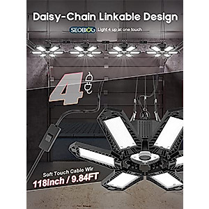 SEOBIOG 2 Pack Plug in Garage Light, Upgraded 200W 20000LM Linkable LED Shop Light, 6500K Ceiling Lights w/ 6 Deformable Panels for Garage, Warehouse, Barn, Basement (Built-in ON/Off Switch)