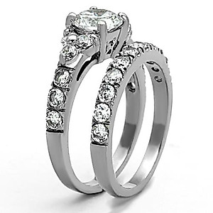 Marimor Jewelry His and Her 3 Piece Stainless Steel 2.50 Carat Cubic Zirconia Bridal Set and Men's Classic Wedding Band Women's Size 10 Men's 06mm Size 09