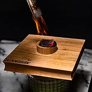 Smoktastic Solid Red Oak Cocktail Smoker With Hickory Wood Chips - Old Fashioned Smoker Kit For Whiskey, Bourbon, Cocktails, Tea, And More - Bartending Kit For Drinks With Larger Square Top