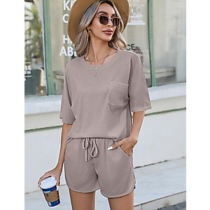 Andeip Women's Waffle Knit Pajama Set Casual Short Sleeve Shirt with Shorts Pajama Pant Sleepwear Sets Light Khaki M