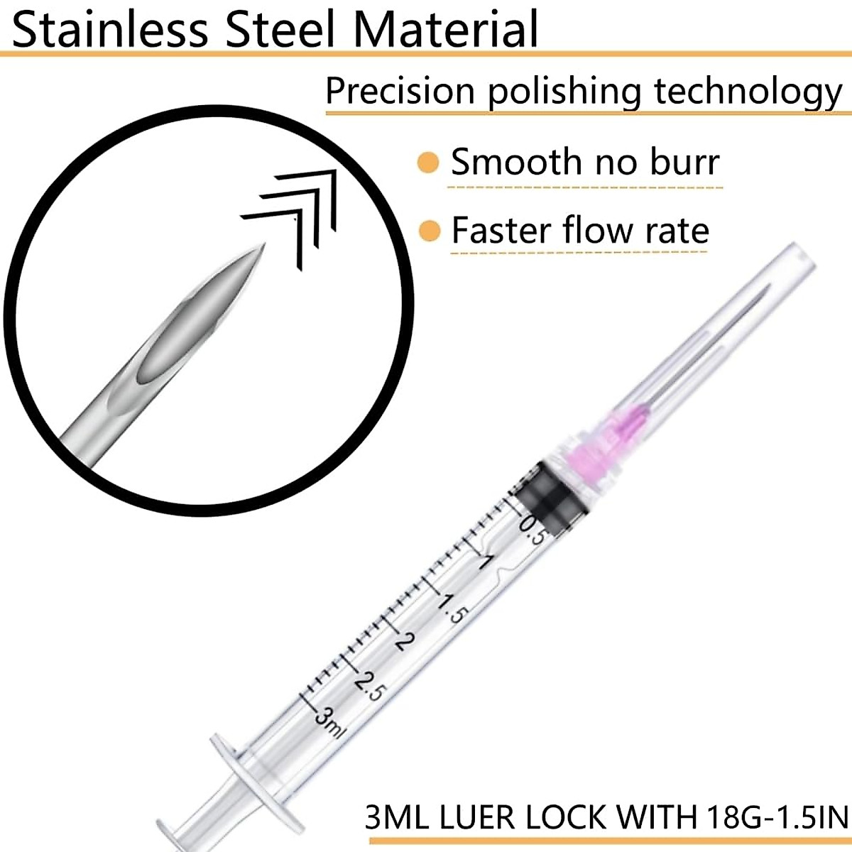 50 Pack 3ml Luer Lock with 18 Gauge 1.5 Inch for Scientific Labs Measuring and Dispensing, Individually Sealed Wrapped