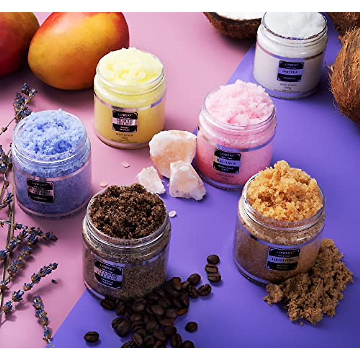 Body Scrub, Gifts for Women & Men, 6pc Exfoliating Body, Face, Hand, Foot Scrub, Himalayan Salt, Brown Sugar, Coconut, Arabica Coffee, Acne, Stretch Marks & Cellulite Remover, Essential Oils