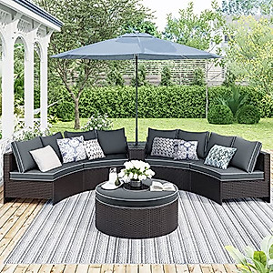 DHPM Patio Sectional 6-Piece Half-Moon Curved Outdoor Sofa, PE Wicker Conversation Furniture Set w Storage Side Umbrella and One Round Table, Brown+Gray