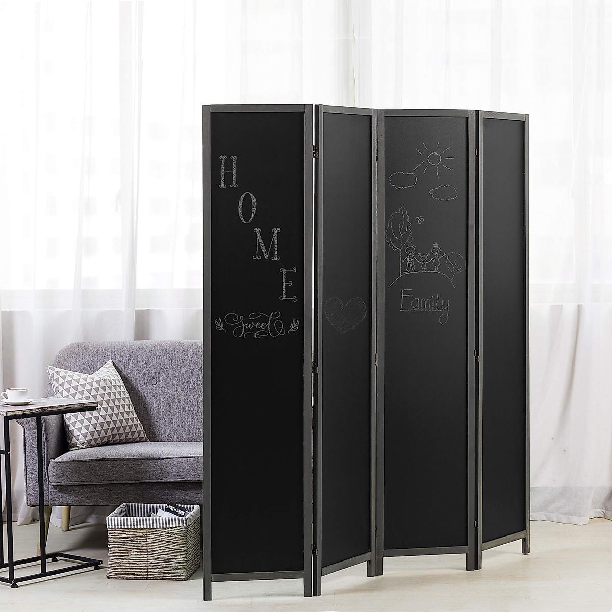 MyGift Dark Brown Wood Folding Room Divider with Chalkboard Panels, 4 Panel Privacy Screen