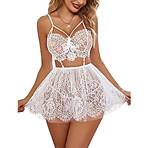 Avidlove Womens Babydoll Lingerie Lace Sleepwear Nightgown Dress White Large