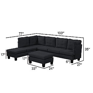 Casa Andrea Milano Modern Sectional Sofa L Shaped Couch with Reversible Chaise & Ottoman, Large Living Room Furniture, Black