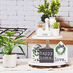 Defined Deco Wooden Decorative Tray Two Tiered Tray, White Tiered Tray, Cupcake Stand, Serving Tray Stand with 3 Pcs Signs Decor for Kitchen Island Decor, Home Decor and Holloween Farmhouse Décor