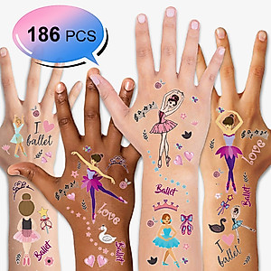 Konsait 186pcs Kids Tattoo Kits, Fake Waterproof Temporary Tattoos Ballet Girls Tattoos for Children's Birthday Party Bags Filler Gift Birthday Party Favors,Dancing Girl Tiara Rose Star LOVE