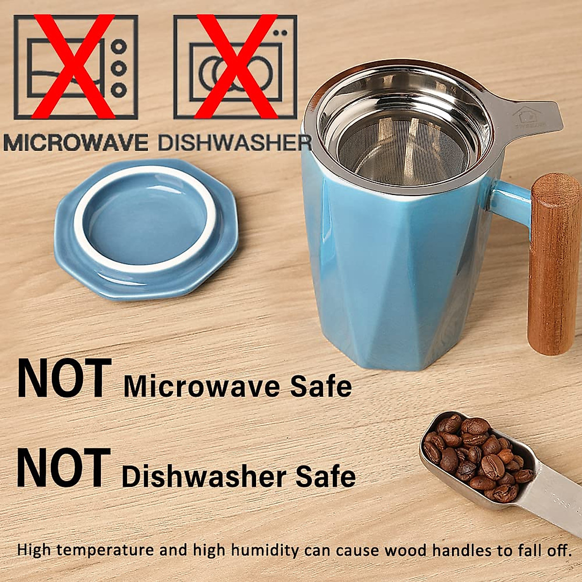 Sweejar Porcelain Tea Mug with Infuser and Lid, Wooden Handle, 17 Ounce, Geometric Shape Tea Cup for Steeping, Tea Lover, Gift, Home, Office (Jade)