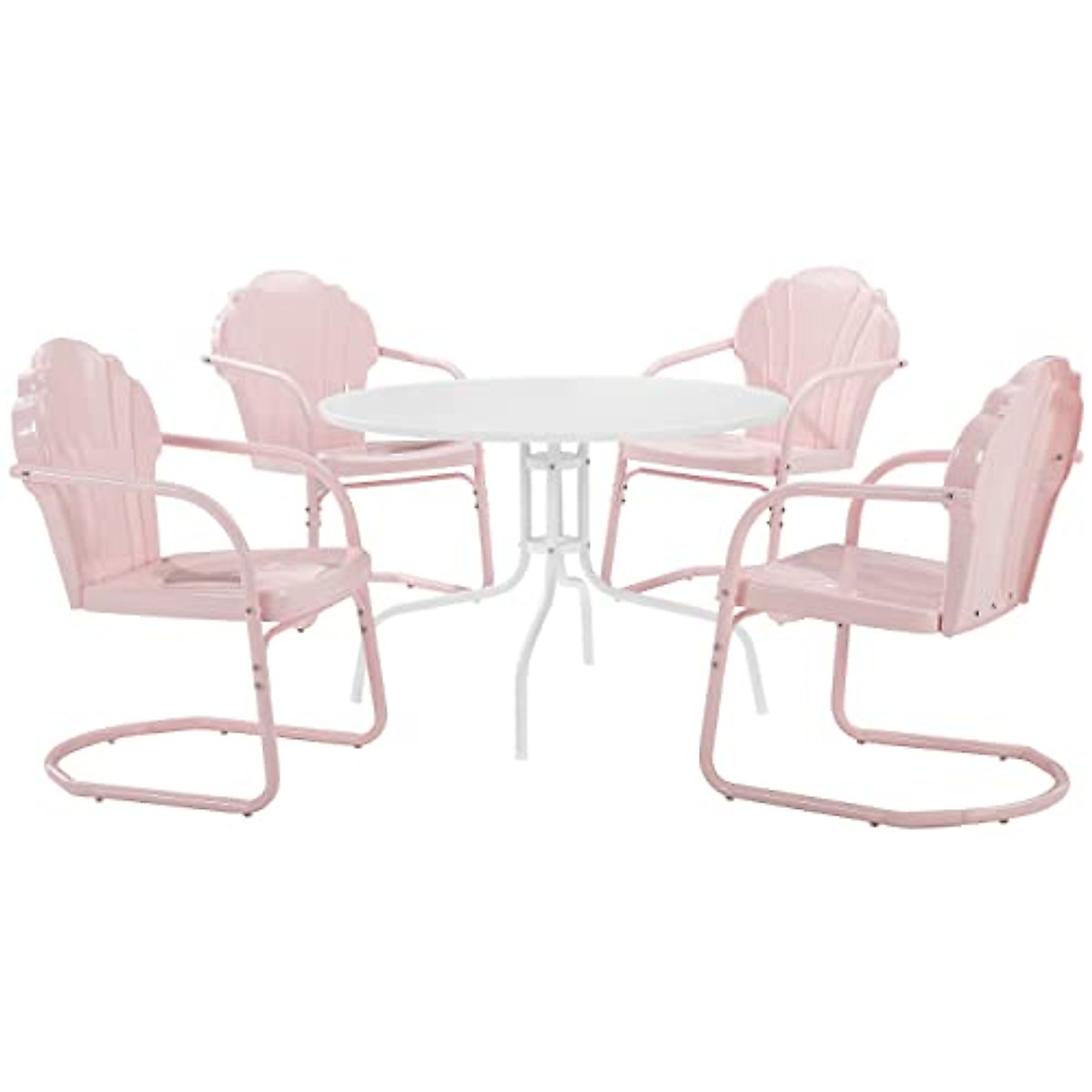 Crosley Furniture Tulip 5-Piece Outdoor Dining Set for 4, Retro Metal Round Patio Table and Chairs for Deck, Pastel Pink Gloss