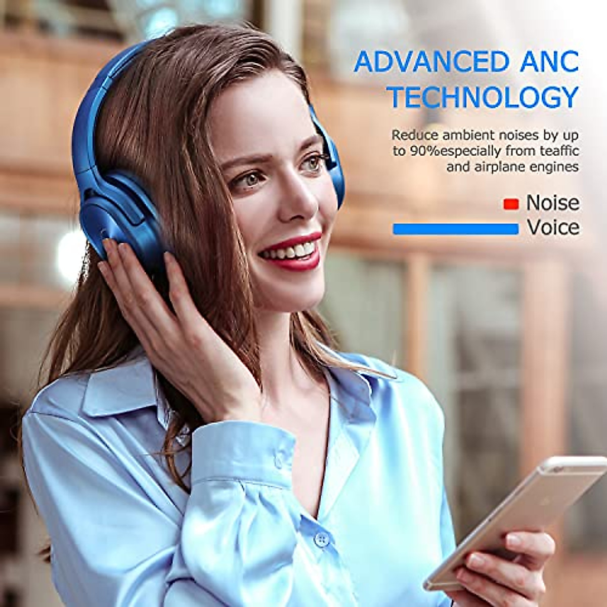 2 Items,1 Black Zihnic Active Noise Cancelling Headphones Bundle with 1 Blue Zihnic Bluetooth Wireless Headset