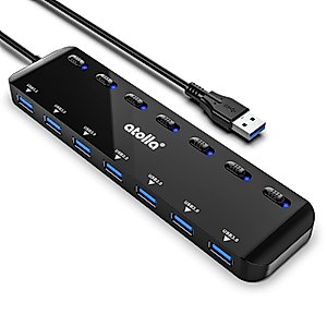 atolla 7-Port USB 3.0 Hub Splitter, USB Extender Ultra Slim Data USB Hub with Individual Power Switch and LEDs
