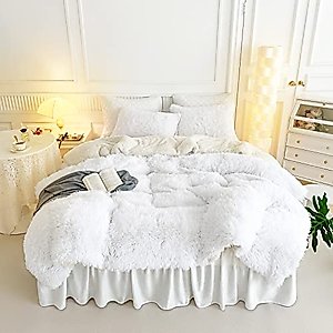 UOZZI BEDDING White Faux Fur Comforter Set Queen 3 Pieces - 1 White Shaggy Comforter Set and 2 Pillowcases, Ultra Soft and Easy Care Luxury Plush Shaggy Duvet Set